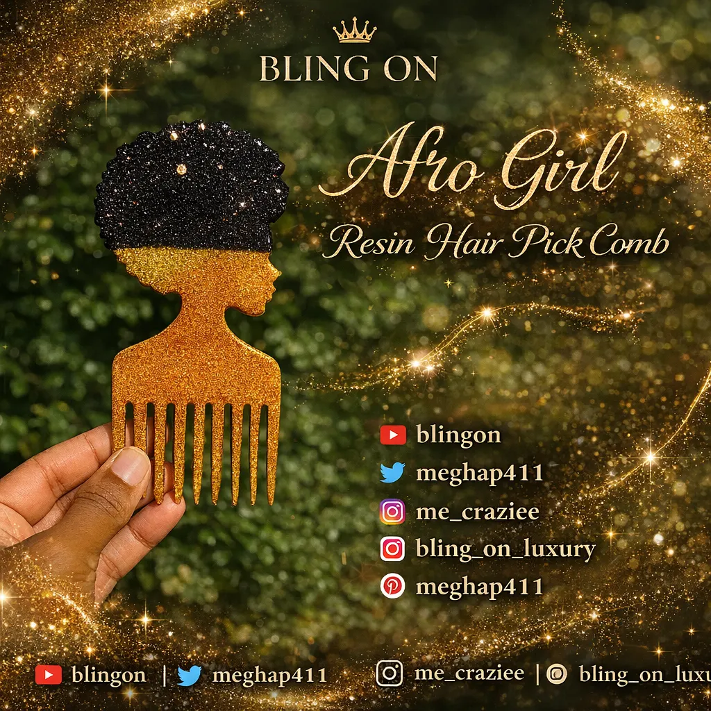 Afro Girl Resin Hair Pick Comb – Handmade Black Gold Wide Tooth Luxury ...