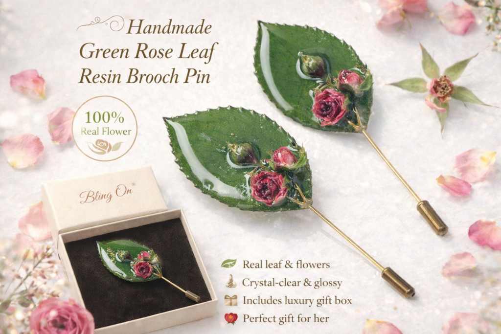 🌹🍃Bling On®🌹🍃 Handmade Rose Blossom Leaf Resin Brooch Pin – Real Flower ...